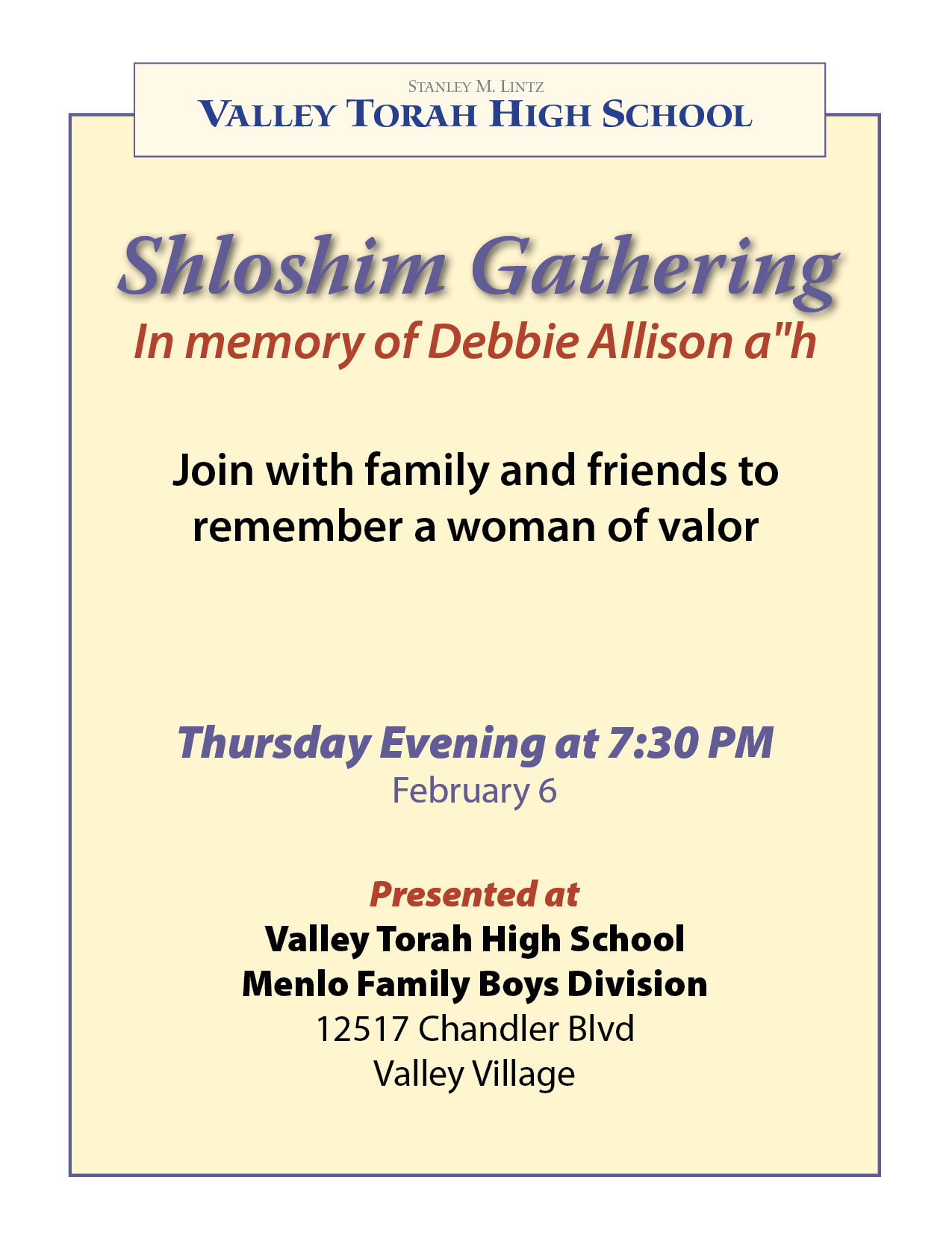 Shloshim for Debbie Allison a”h – VTHS